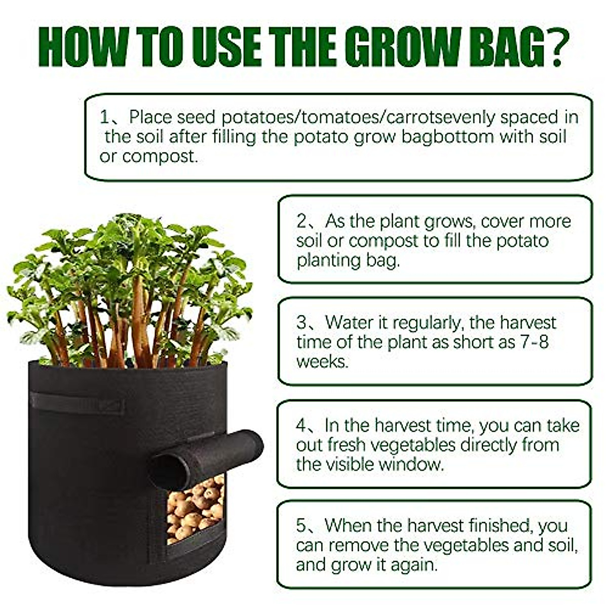 Dchant&Wiiiisen Potato Grow Bags 3 Pack 7 Gallon Plant Grow Bag with Window Flap Breathable Planting and Two Handles Thickened Non-Woven Fabric Gardening Plant Containers for Vegetables & Flowers