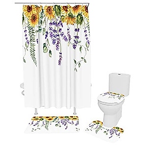 MUSEDAY 4Pcs Shower Curtain Sets with Non-Slip Bath Rugs, Absorbent Toilet Lid Cover Flowers Durable Waterproof Bath Curtain Decor Set Sunflower Lavender Flower Eucalyptus Leaves