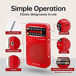 FUHONGYUAN AM FM Pocket Radio, Compact Portable Transistor Radios - Best Reception, Loud Speaker, Earphone Jack, Long Lasting, 2 AA Battery Operated (Red)