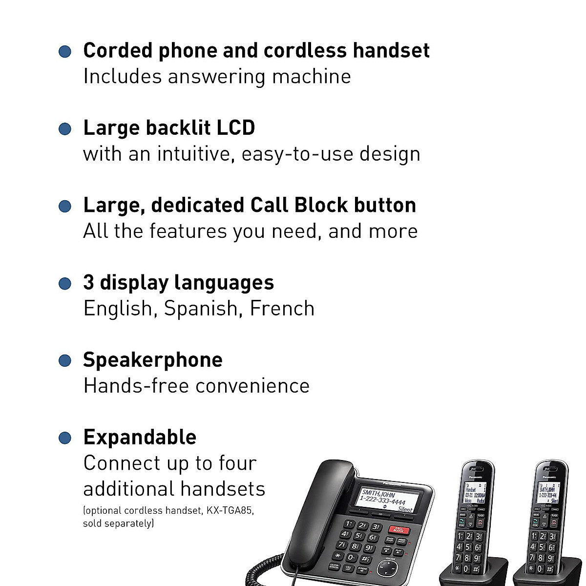 Panasonic Expandable Corded/Cordless Phone System with Answering Machine and One Touch Call Blocking – 2 Handsets - KX-TGB852B (Black)