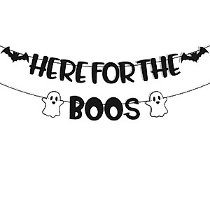 Here for The Boos Banner Halloween Ghost Bat Haunted House Pumpkin Horror Happy Boo Day Themed for Boy Girl Kids Halloween Festival Holiday Party Decoration Black Glitter Supplies