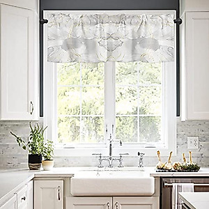 OneHoney Marble Texture Kitchen Curtains Tiers and Valances Set 3 Piece for Windows, Modern White Granite with Gold Lines Rod Pocket Small Window Panels for Living Room Bedroom Bathroom Cafe