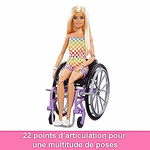 Barbie Fashionistas Doll #194 with Wheelchair and Ramp, Straight Blonde Hair and Rainbow Romper with Accessories