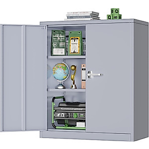 Patiomore 42” Metal Garage Storage Cabinet, Lockable File Cabinets with 2 Doors and 2 Adjustable Shelves, Steel Tool Cabinets with Lock for Office, Home, Gym (Grey)