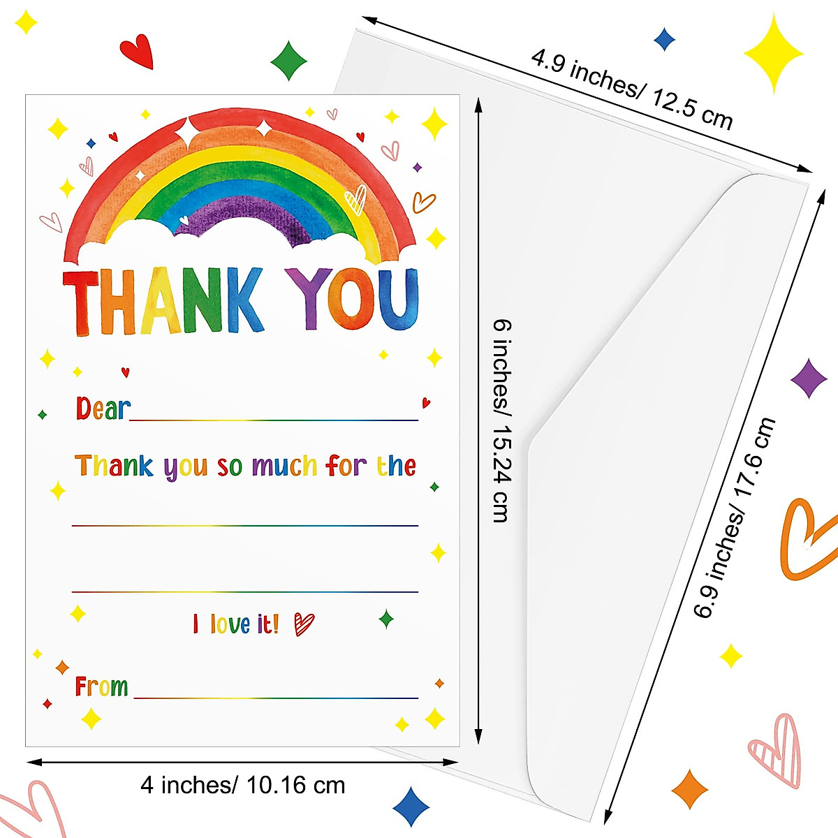72 Pieces Kids Thank You Cards Fill in the Blank Thank You Notes with Envelopes Colorful Thanks Cards for Birthday Party(Rainbow Style)