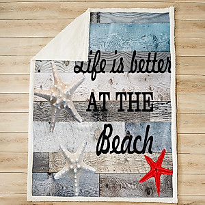 jejeloiu Kids Beach Theme Fleece Throw Blanket 40"x50" Ocean Coastal Nautical Sherpa Blanket Starfish Beach Marine Bedroom Decor Plush Blanket Women Men Sea Fuzzy Blanket