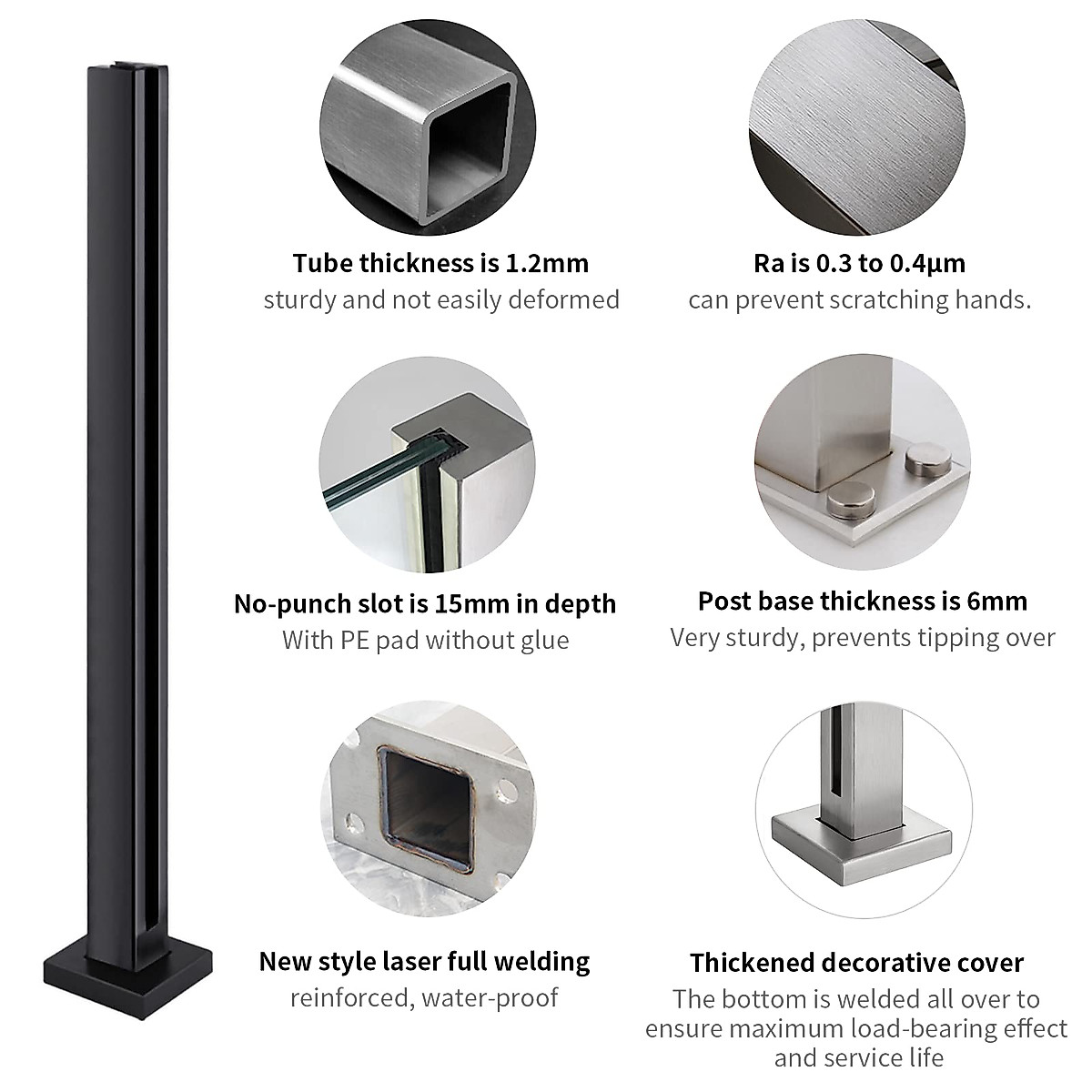 Glass Balustrade Post 37" Corner Post, 304 Stainless Steel Black Glass Railing Post with Spigot Slots & Sturdy Base for Steps, Balcony, Stairway, Deck, Patio Stairs(Cannot Add Handrail Version)