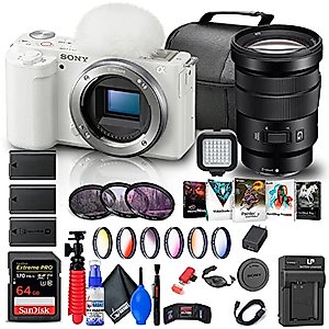 Sony ZV-E10 Mirrorless Camera (Body Only, White) (ILCZV-E10/W) + Sony 18-105mm Lens + 64GB Card + Color Filter Kit + Filter Kit + Corel Photo Software + Bag + 2 x NPF-W50 Battery + More (Renewed)