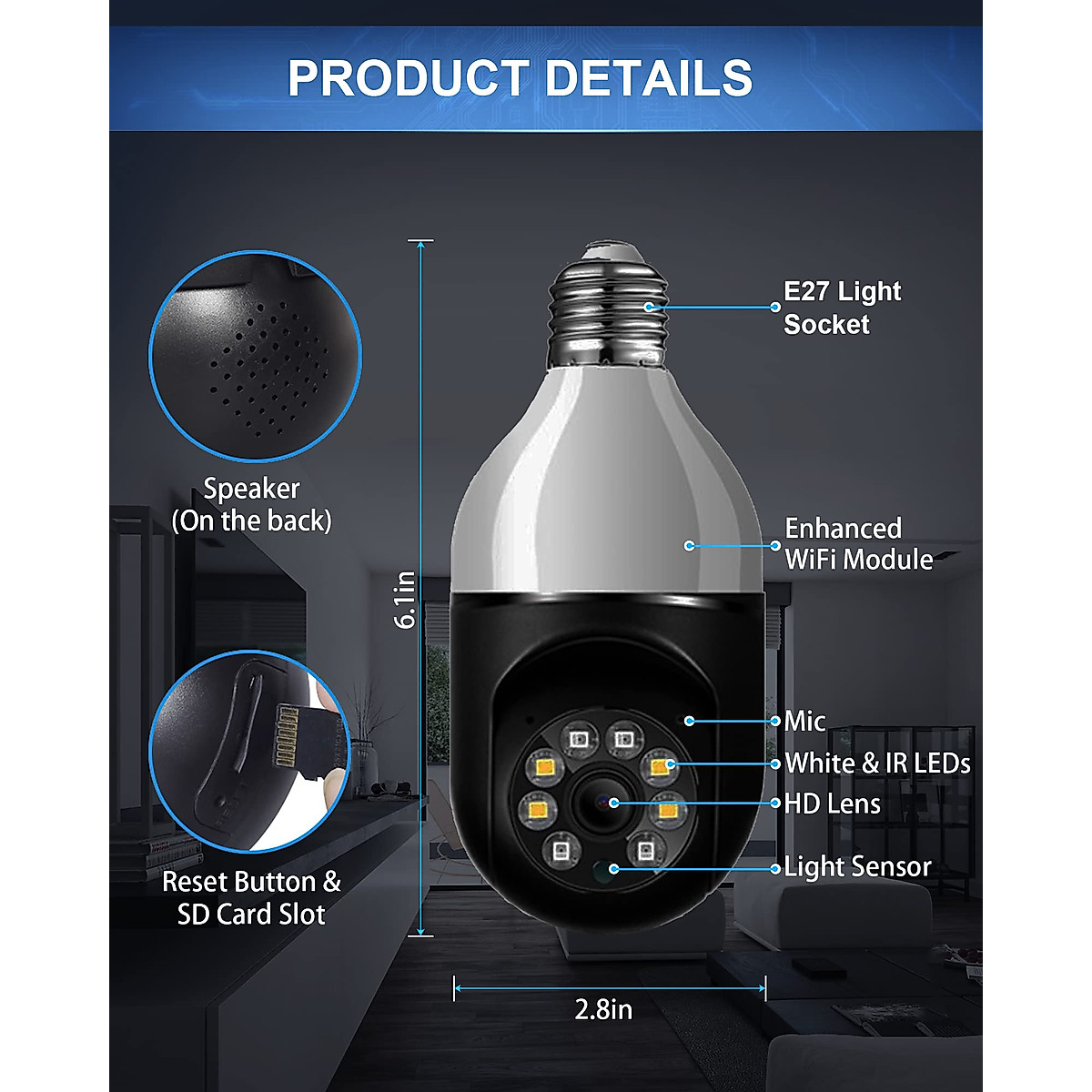 E27 360° Security Cameras Wireless Outdoor, 2.4GHz & 5G WiFi Light Bulb Security Camera, 1080p Video Surveillance for Home Security, Indoor Night Vision Cam System, Motion Detection, Two-Way Talk