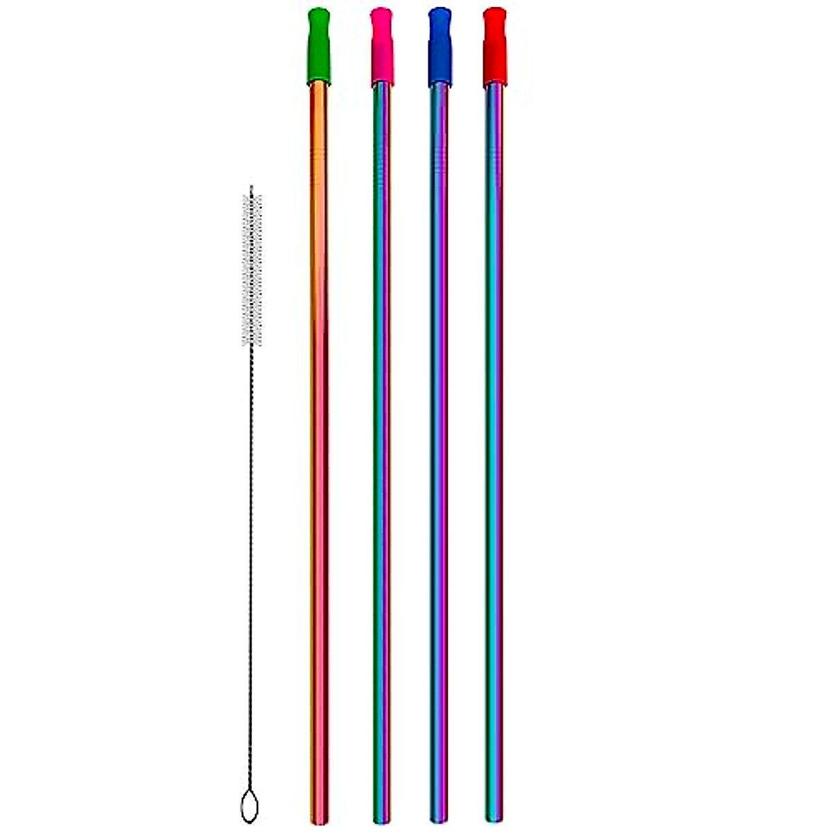 Wobye 4 Pack Colorful Stainless Steel Straws with Silicone Tips & Cleaning Brush, 14'' Extra Long 0.32'' Wide Reusable Metal Straws for 1 Gallon/128 75oz Large Water Bottle 64oz Tumbler, Wine Bottle