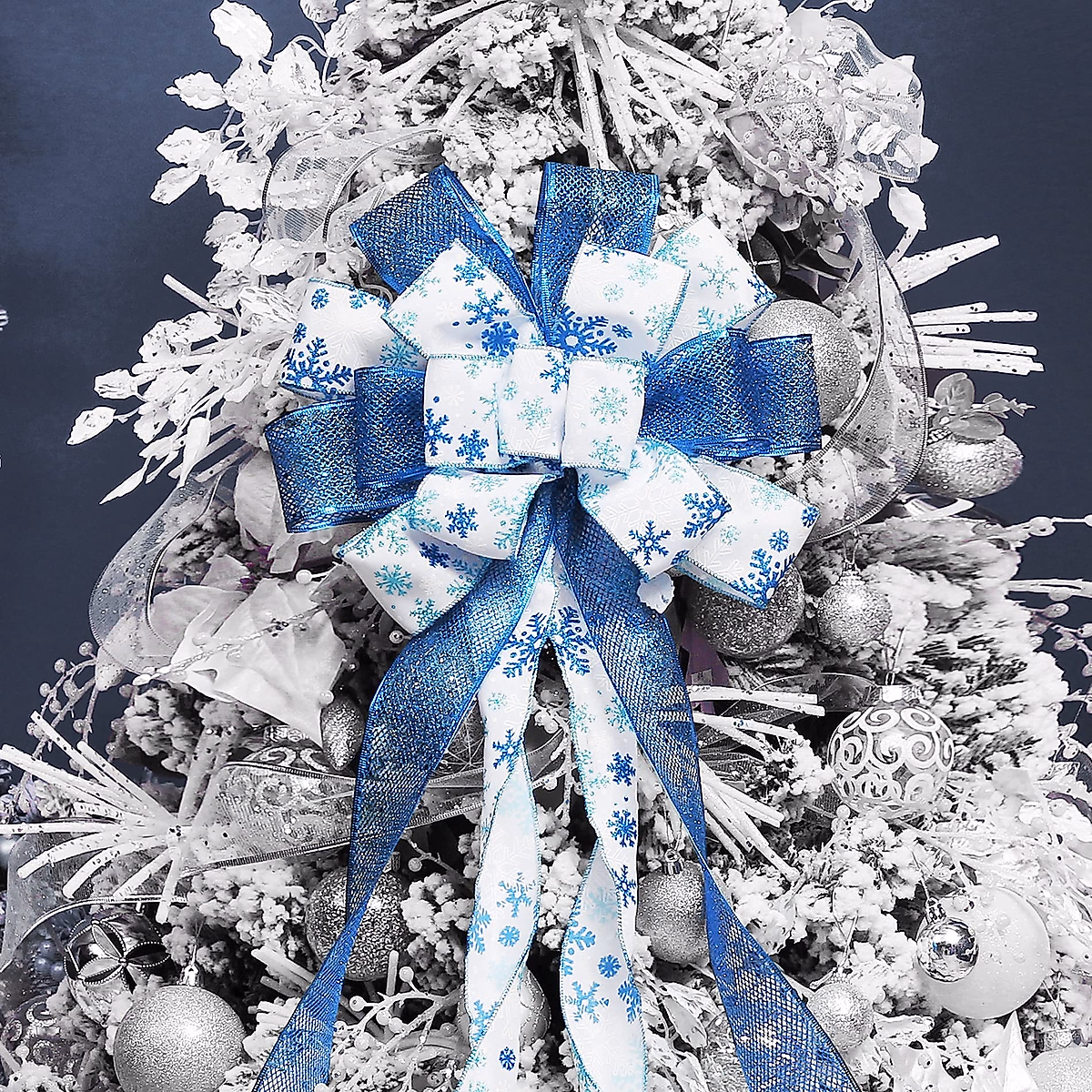 Christmas Tree Topper Bow, 44X12 Inch Artificial Xmas Tree Flower Topper Decor, for Family, Wedding, Birthday Party, Indoor Outdoor Thanksgiving Christmas Decoration - Blue/White/Snowflake.