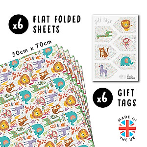 CENTRAL 23 Kids Birthday Wrapping Paper for Boys (x6) Sheets - For Girls - New Baby Birthday Gift Wrap - Safari Animals - Dinosaur Wrapper Paper - Kids Gift Wrap Matte - Recyclable