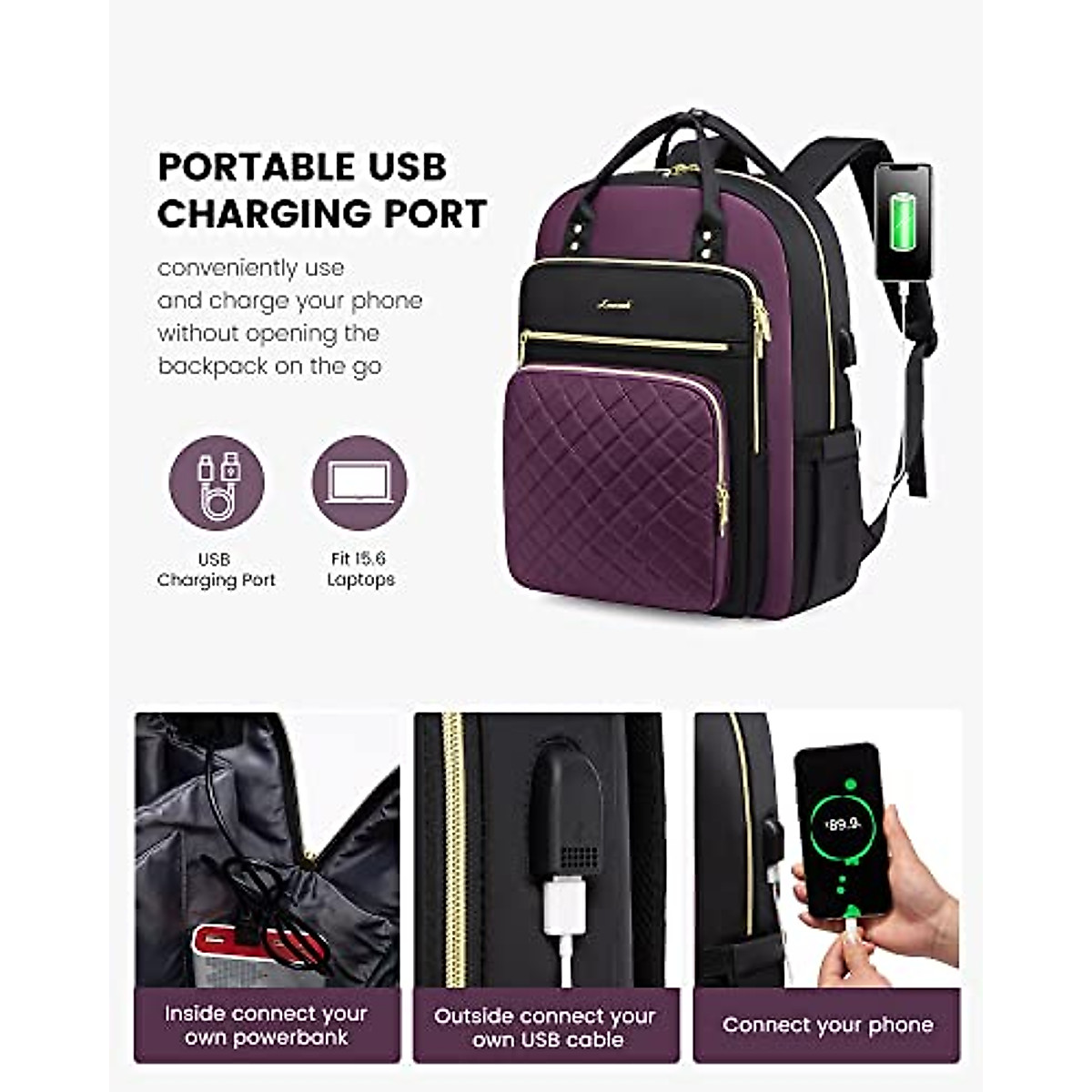LOVEVOOK Laptop Backpack for Women, Water Resistant Travel Work Backpacks Purse Stylish College Business Teacher Nurse Computer Bag with USB Charging Port, Fits 15.6" Laptop