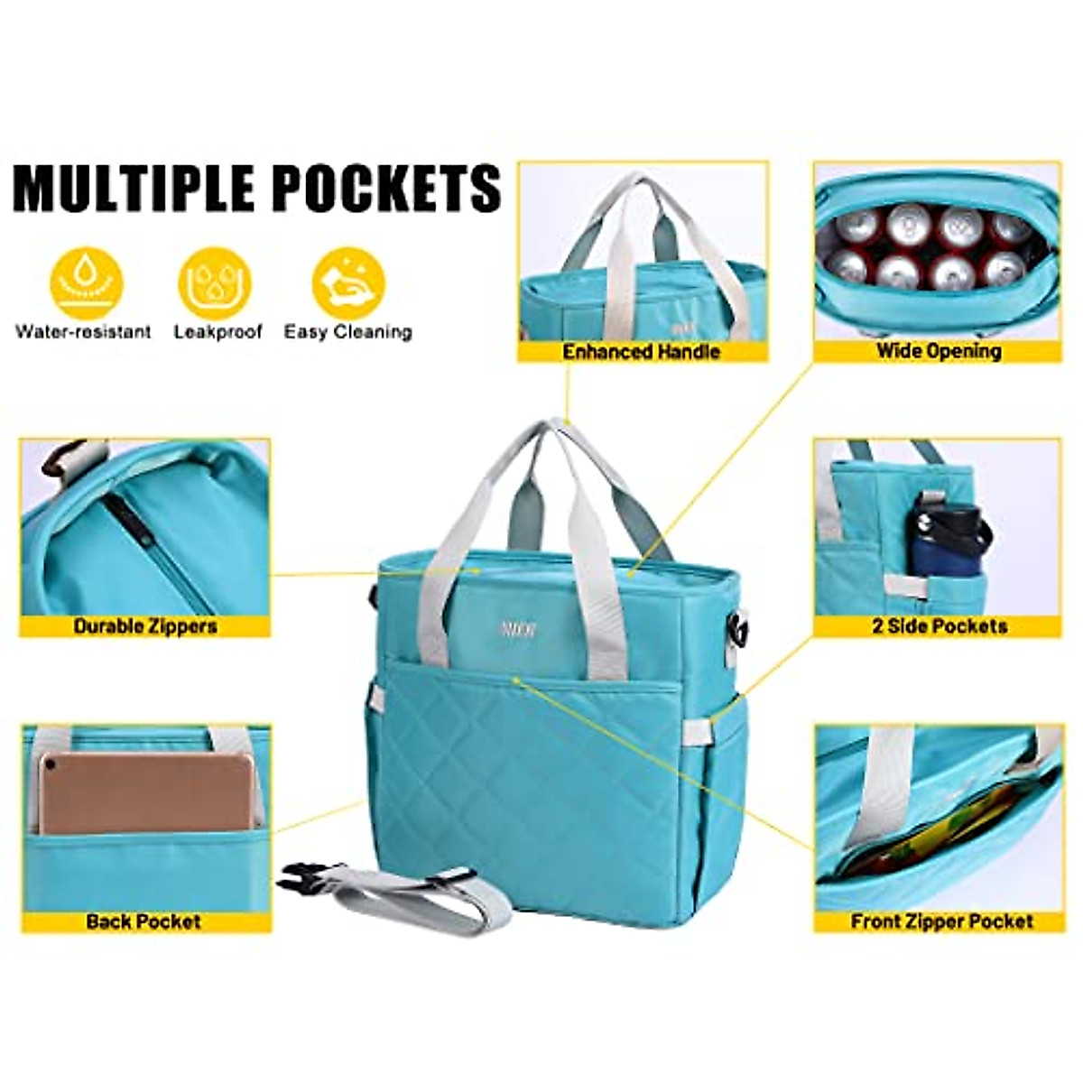 MIER Insulated Lunch Bag for Women Mens Adults Large Lunch Tote Bags Lunch Box Cooler for Work Picnic Beach with Shoulder Strap, Water Bottle Holder, Green