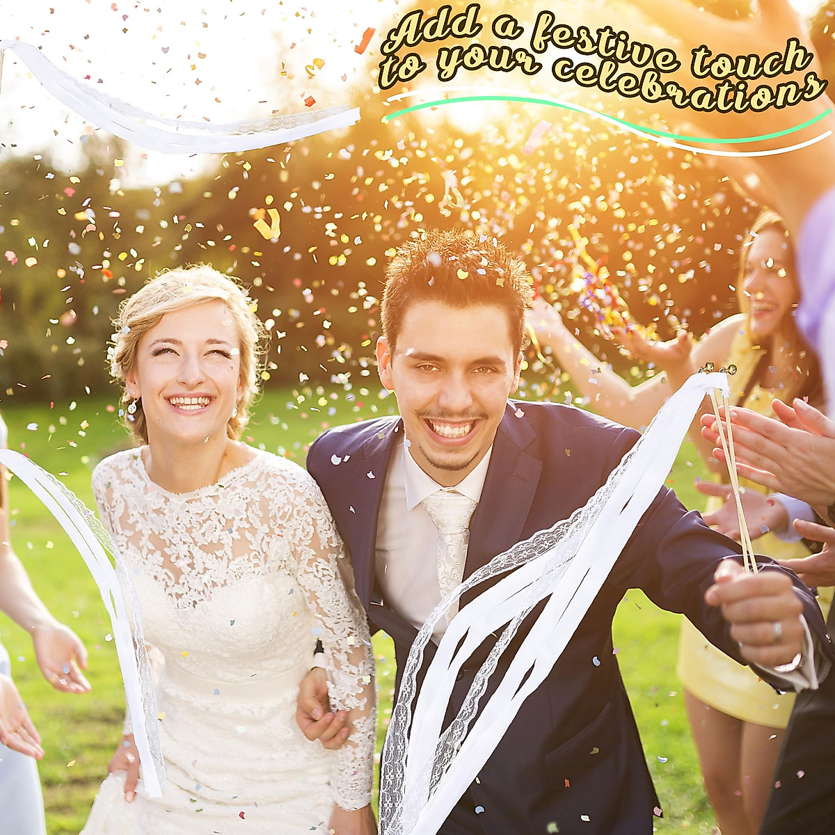 40 Pack Ribbon Stick Wands Streamers Silk Fairy Wand Bulk White Lace Ribbon with Bell for Wedding Holiday Activities Party Favors Bridal Shower