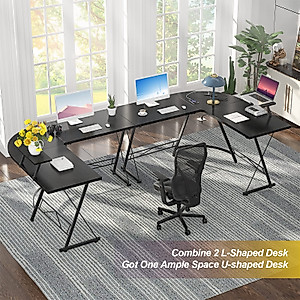 Ecoprsio L-Shaped Desk, Corner Desk with Outlets and USB Ports, Large L Computer Desk with Reversible Monitor Stand, 51 Inch L Shaped Gaming Desk for Gaming Room, Home Office, Workstation, Black