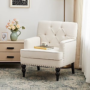 HUIMO Tufted Club Chair,Accent Chair with Lumbar Pillow, Upholstered Button Armchair, Linen Fabric Sofa Chairs for Bedroom, Living Room, Mid Century Modern with Studded Reading Chair Beige