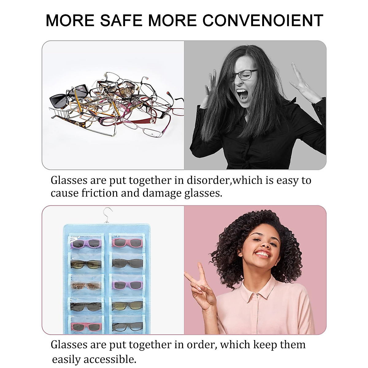 Khikily Hanging Jewelry Organizer, Dust Proof Eyeglasses Holder with 32 Clear Slots, Sunglasses Organizer Storage Wall Mounted, Sunglasses Display With 360-Degree Rotating Hook (Blue)