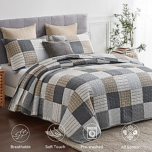 Finlonte King Quilt Bedding Set - 100% Cotton King Size Comforter, Plaid Quilted Bedspread Farmhouse Country Bed Spread, Lightweight Reversible King Quilt Sets All-Season, Gray/Brown/Black/White, 3Pcs