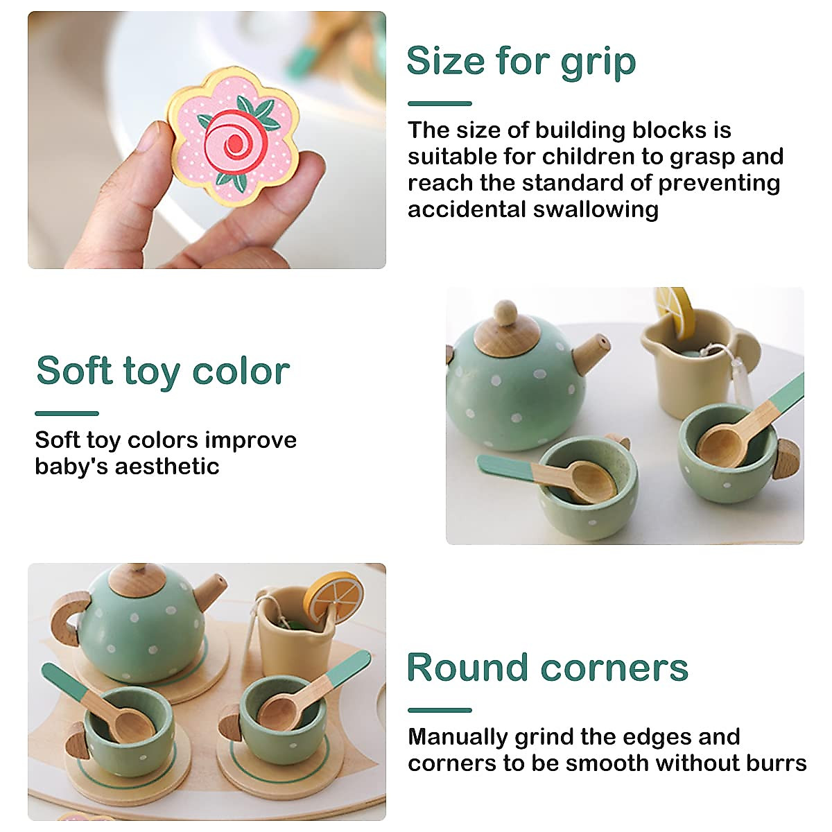 Play Tea Party Set, Little Girls Toy Afternoon Tea Set, Cute Wood Play Food Accessories BPA Free Phthalates Free for Kids Children Toddler Ages 1+ Years Old