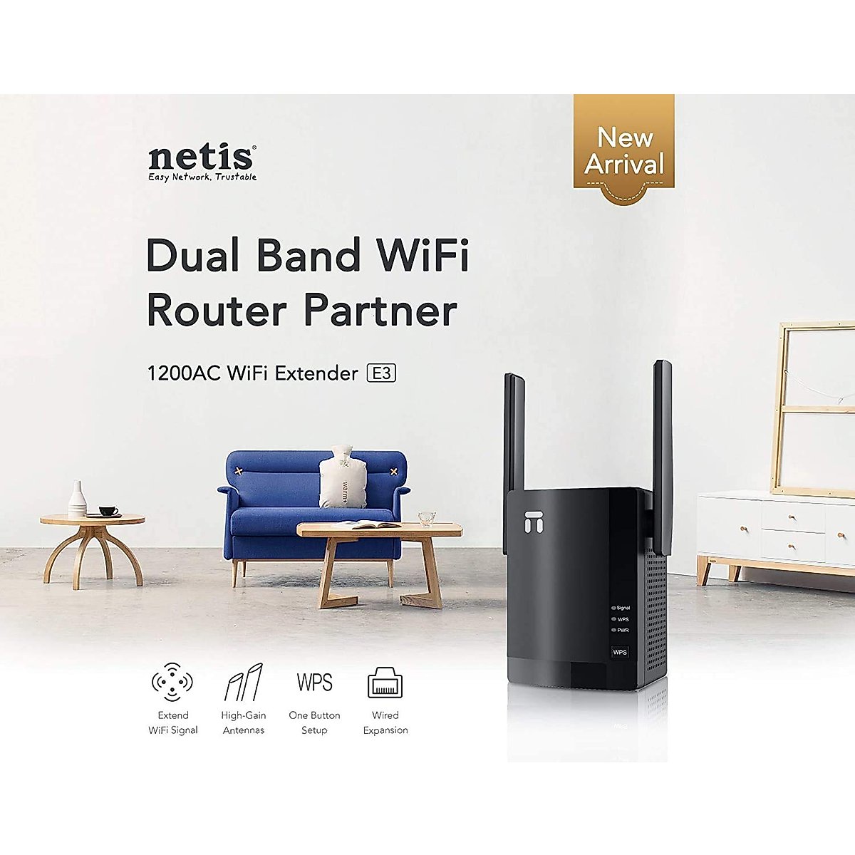 Netis E3 AC1200 Wireless Dual Band Range WiFi Extender with WPS One Button Setup, 2 High Gain Antennas and Wired Expansion Port