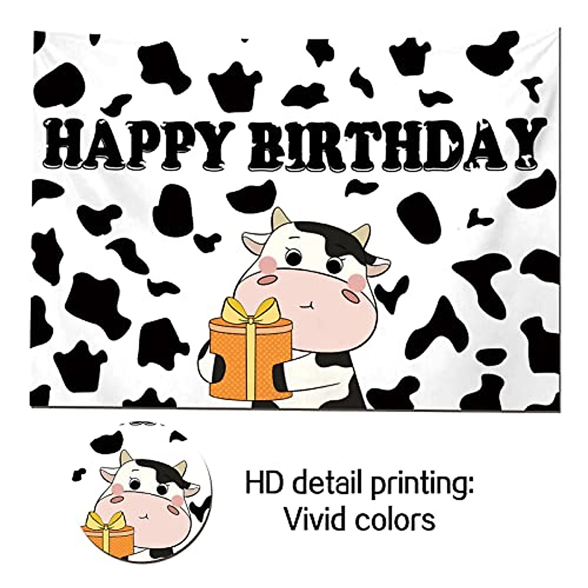 Cartoon Cow Happy Birthday Photography Backdrops Black and White Cow Figure Photo Background for Kid's Birthday Party Decor Newborn Baby Shower Banner Props Supplies 5×3FT