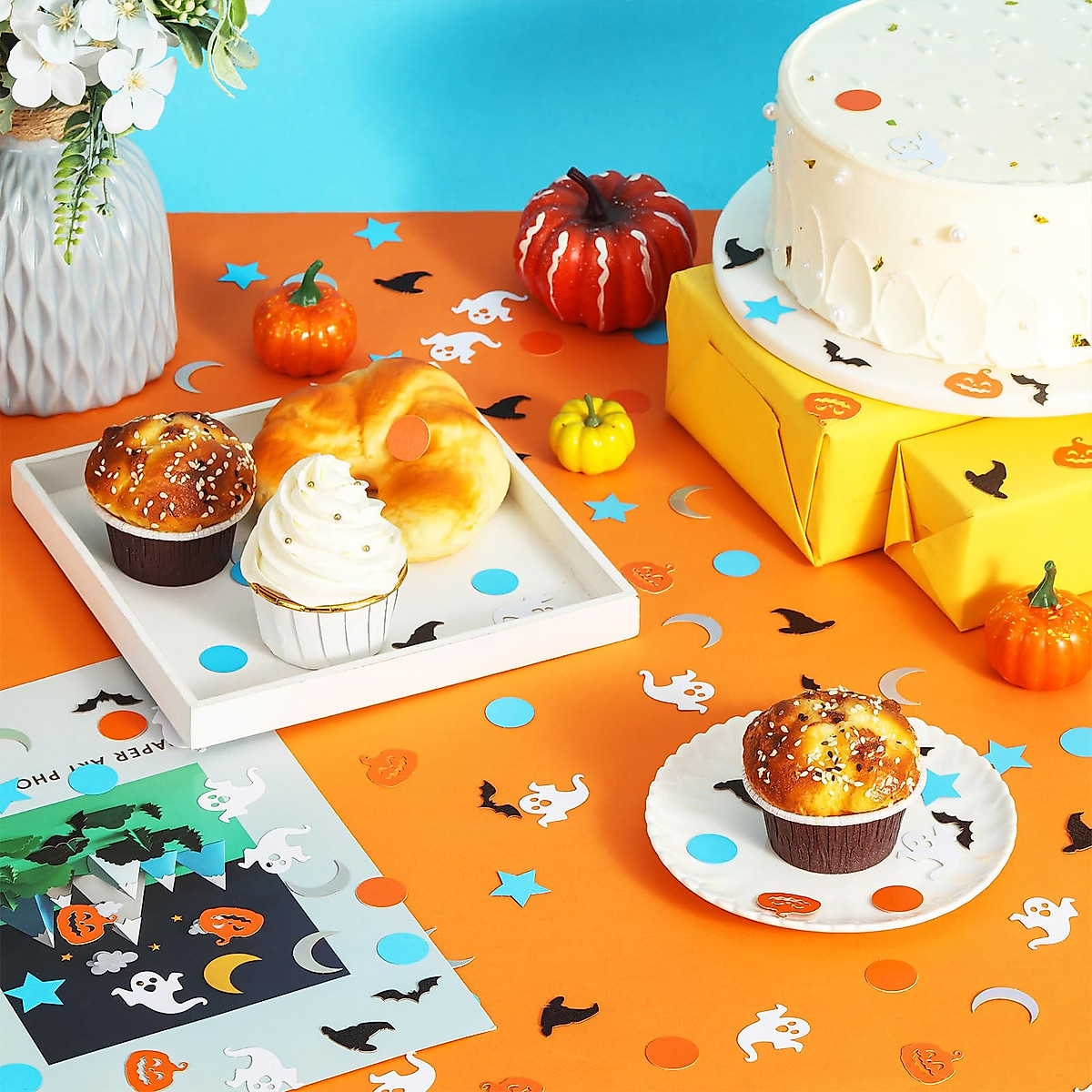 200PCS Halloween Confetti for Tables, Halloween Baby Shower Birthday Table Decorations Scatter Confetti Pumpkin Bat Witch Spider Confetti for Halloween Theme 1st Bday Party Supplies