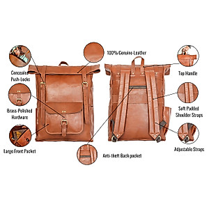 jaald 23" Brown Leather Backpack Vintage Rucksack Laptop Bag Water Resistant Roll Top College Bookbag Comfortable Lightweight Travel Hiking/picnic For Men