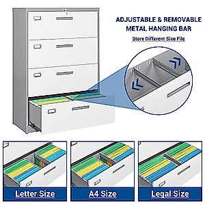 Fesbos 4 Drawer Lateral File Cabinet with Lock, Metal Steel Filling Cabinets for Home Office, Lockable Storage Cabinet for Hanging Files Letter/Legal/F4/A4 Size-Assembly Required