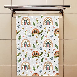 Hand Bath Towels 2 Pack Turtle Rainbow Flower Leave Absorbent Face Fingertip Towels for Bathroom Kitchen Gym Spa Soft Hair Drying Cloth Quick Dry, 30 x 15 Inch