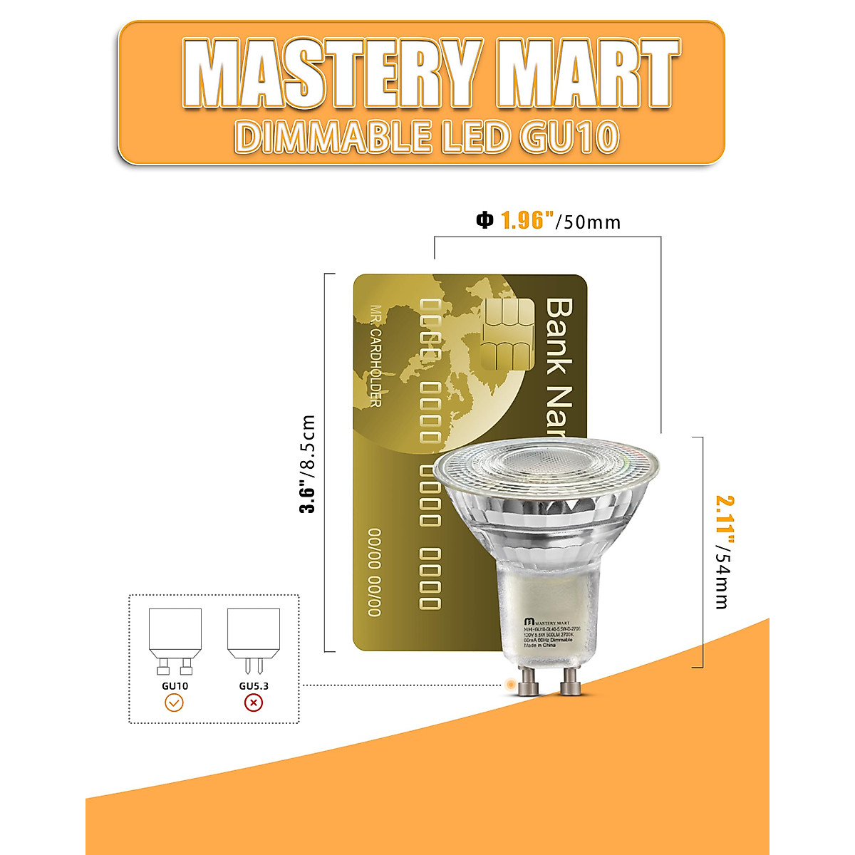 MASTERY MART GU10 LED Bulb, 2700K Soft White, Dimmable Track Light Bulbs 5.5W [50 Watt Equivalent] 500lm, GU10 Spotlight Bulb 40° Angle, Two Prong Light Bulbs for Range Hood, Track Lighting (10 Pack)
