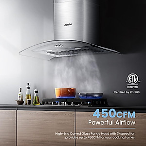 COMFEE' CVG30W8AST 30 Inches Ducted Wall Mount Vent Range Hood with 450 CFM 3 Speed Exhaust Fan, Baffle Filters, Curved Glass, 2 LED Lights, Convertible to Ductless, Stainless Steel