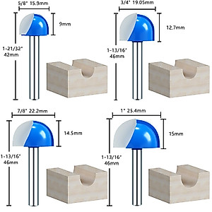 Helovmine 1/4 Inch Shank Round Nose Cove Core Box Router Bit Set Solid Carbide Double Flute Round Nose Router Bit 1/4" 5/16" 3/8" 1/2" 5/8" 3/4" 7/8" 1" Cutting Diameter Woodworking CNC Tools