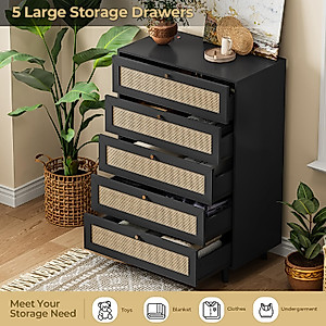 AOGLLATI Black Rattan Dresser for Bedroom with 5 Drawer, Modern Double Wooden Tall Bedroom Dresser, Chest of Drawers with Metal Handle & Solid Wood Legs for Bedroom/Living Room, Black