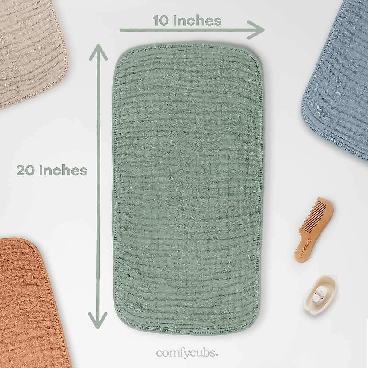 Comfy Cubs Muslin Burp Cloths 20" x 10", Pack of 10 - Large, 6-Layer, Ultra Absorbent 100% Cotton for Baby Drool and Messes - Soft, Safe & Gentle Baby Burp Cloths for Boys & Girls - Multi