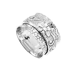 Floral Textured Spinner ring Meditation Silver ring Fidget wide band Organic Silver jewelry gift for her (8)