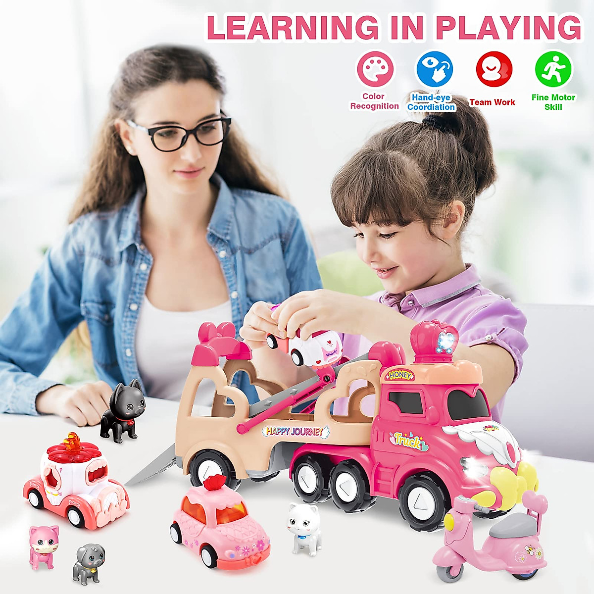 seveclotree 9 in 1 Carrier Truck Cars Toys for Girls Toddlers,Pink Princess Girl Car with Light and Sound,Toddler Girl Toys Age 1-2 2-4,Toys for 1 2 3 Year Old Girls Birthday for Baby Girl…