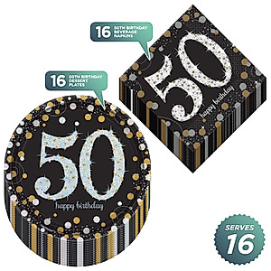 50th Birthday Party Supplies - Metallic Silver and Gold Dot Paper Dessert Plates and Napkins (Serves 16)