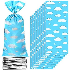 Outus 100 Pieces Blue Sky White Clouds Birthday Party Supplies Blue Sky White Clouds Cellophane Bags Cartoon Story Gift Bags with 200 Silver Twist Ties for Baby Kids Shower Birthday Party Decorations