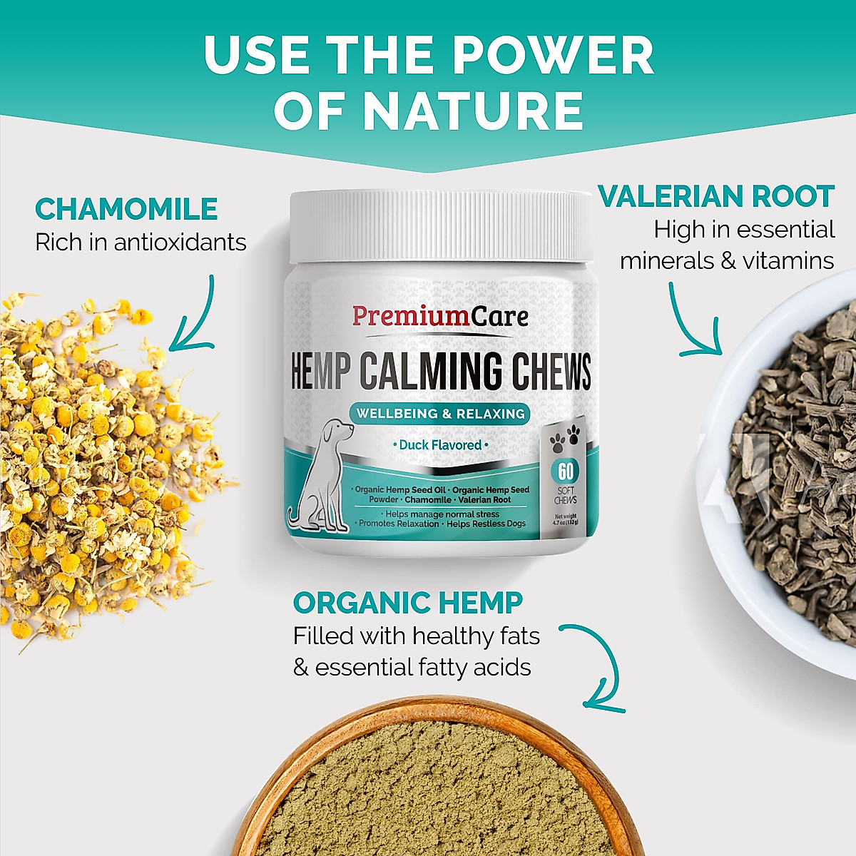 PREMIUM CARE Hemp Calming Chews for Dogs Anxiety - Made in USA, Calming Dog Treats, Dog Calming Chews - Anxiety Relief Treats, Dog Barking Deterrent, Anxiety Relief for Dogs, 60 Duck-Flavored Chews