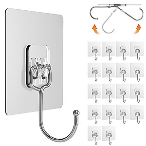 Lsnisni 20 Pack Large Adhesive Hooks, Wall Hooks for Hanging Heavy Duty 22Ib(Max), Clear and Removable Strong Sticky Hooks, Waterproof and Rustproof Multiple Uses for Bathroom Kitchen Office