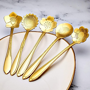 QNCIGER 5-Inch 8 Pcs Flower Spoon Coffee Teaspoon Set, Drink Stirring Spoon for Dessert, Coffee, Ice Cream, Tea (Gold)