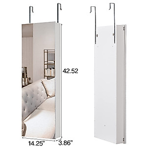 HOUAGI Mirror Jewelry Cabinet,Wall/Door Mounted Jewelry Armoire Organizer,42.5'' High Full Length Mirror with Jewelry Storage with Slide Rail, White-Slide Door