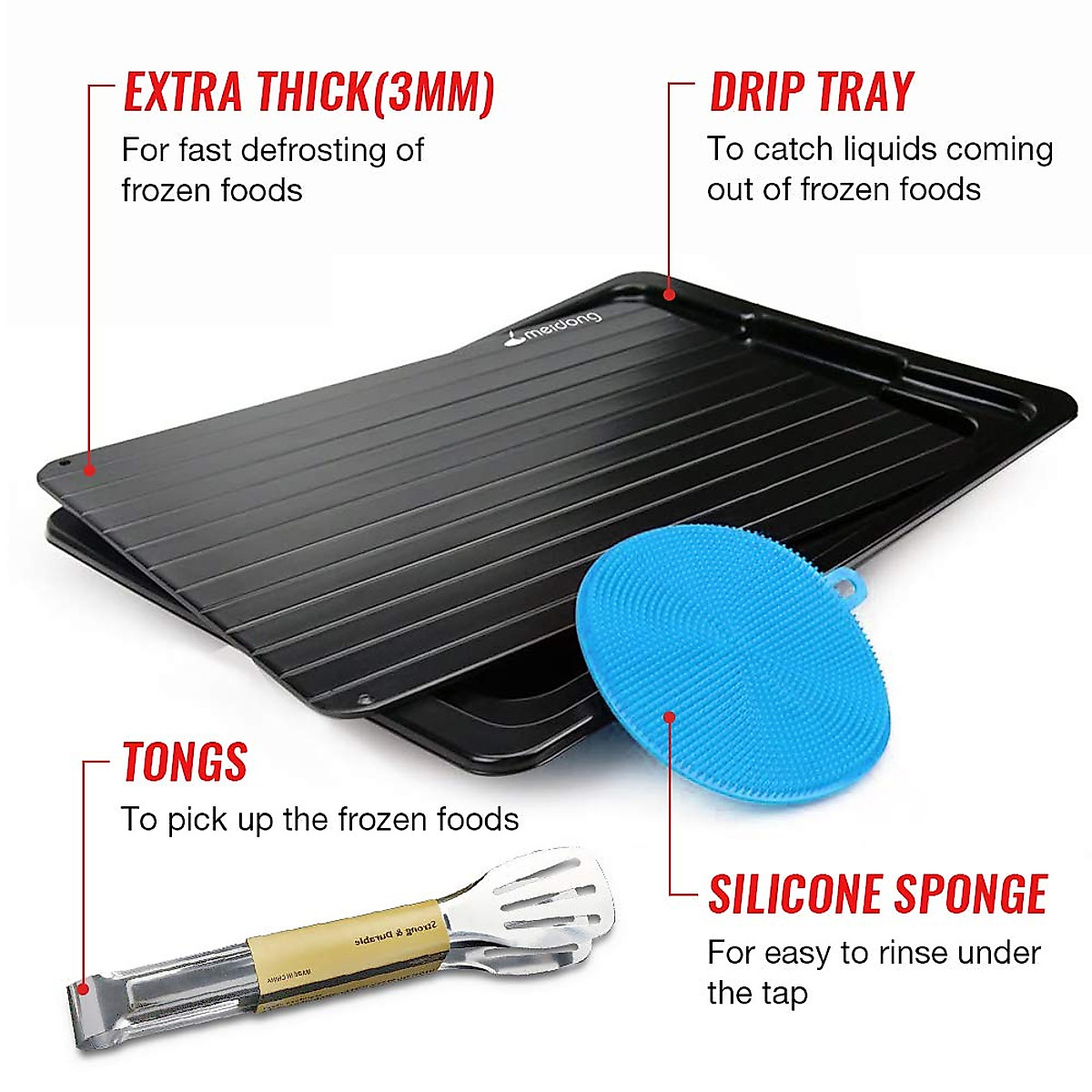 MEIDUNG Rectangular Silicone Defrosting Tray with Drip Plate, Tongs and Sponge for Fast and Safe Thawing of Frozen Foods