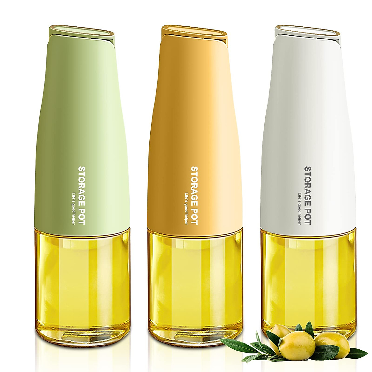 RASIEYA 3 Pack Glass Olive Oil Dispenser Bottle for Kitchen, Auto Flip 17 OZ Oil and Vinegar Dispenser Set-Three Color