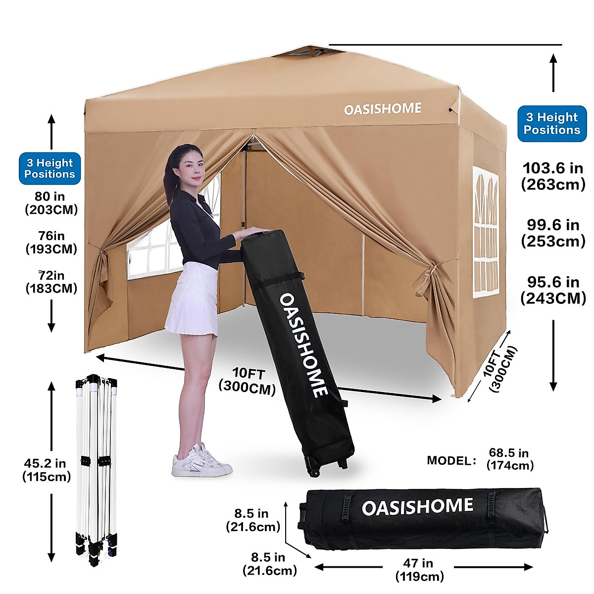 OASISHOME Pop-up Gazebo Instant Canopy Tent 10'x10', with 4 Sidewalls, Windows, Wheeled Bag, for Patio/Outdoor/Wedding Parties and Events (10FTx10FT, Khaki)