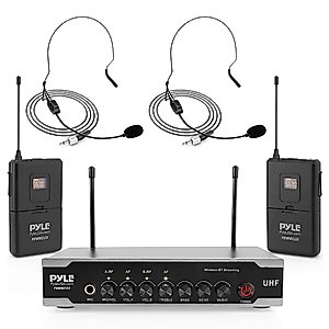 Pyle Portable Uhf Wireless Microphone System - Bluetooth Cordless Headset Lapel Lavalier Microphone Set W/ 2 Battery Operated Beltpack Transmitters, Receiver, Aux, for PA Karaoke DJ Party - PDWM2122