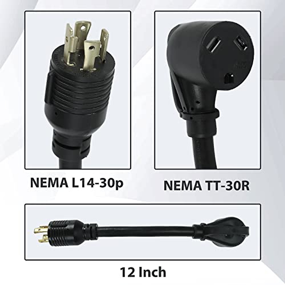 bchsadvb RV Generator Adapter Cord with Handle 12 Inch 30 Amp 125/250V 4-Prong L14-30P Twist Lock Male to TT-30R Female, STW 3/C 10 AWG