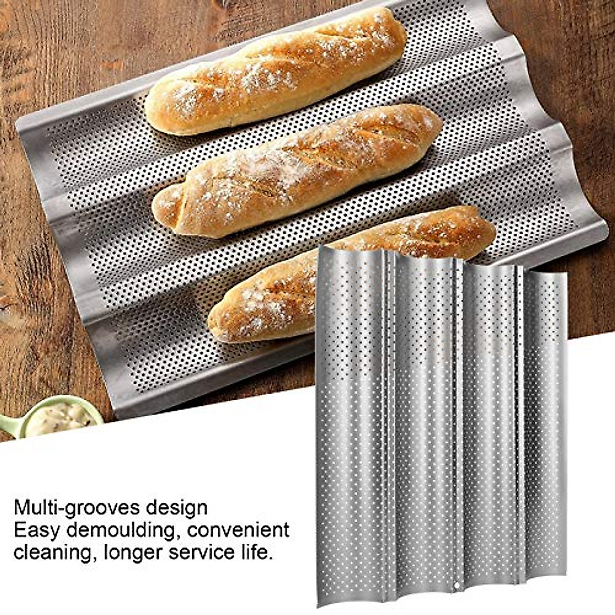 Psytfei Mold Baguette Mold Stainless Steel Silver NonStick MultiGrooves Waves French Bread Pan Baguette Baking Cooking Tray Mold Kitchen Tool(Four grooves)