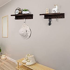 BTY Coat Rack Wall Mount with Shelf, Wall Mounted Coat Rack for Towel Key Hat, Rustic Wood Wall Hooks with Shelf for Kitchen, Bathroom, Entryway, 2 Pack Entryway Shelf with Hooks